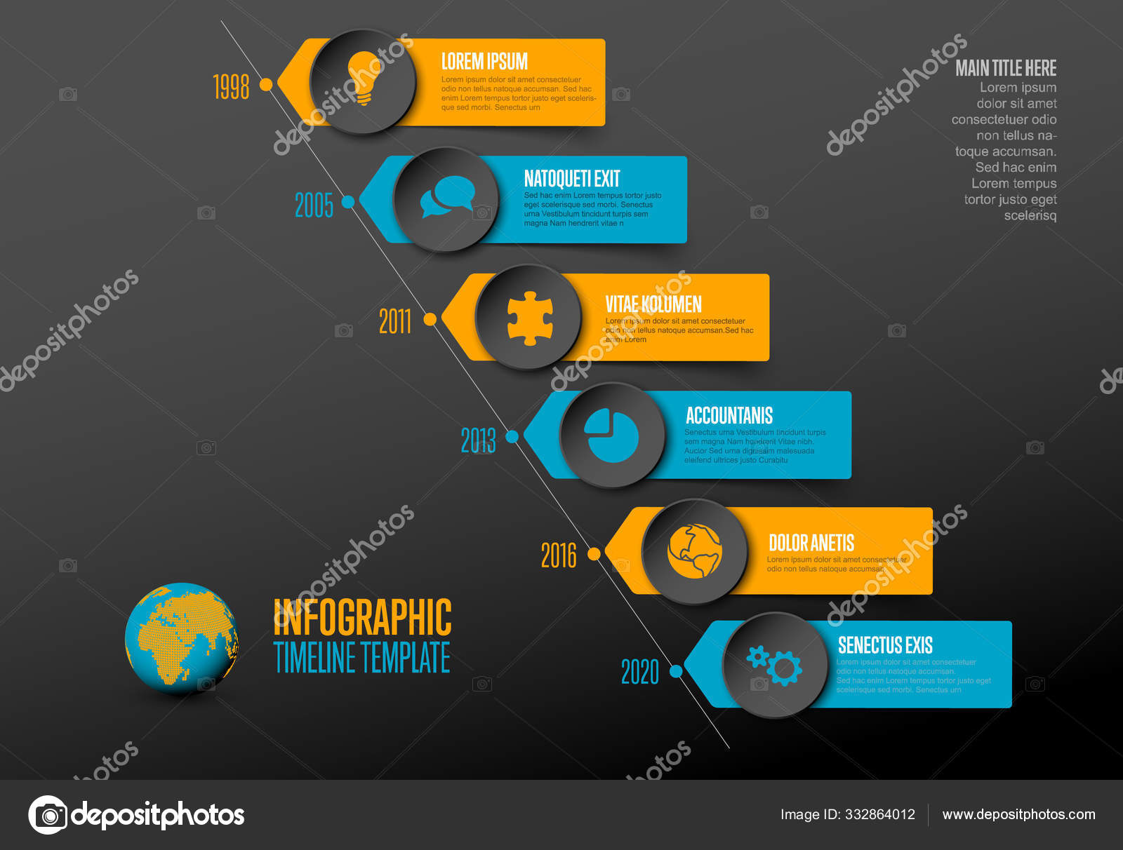 Simple diagonal timeline template with icons - dark version Stock ...