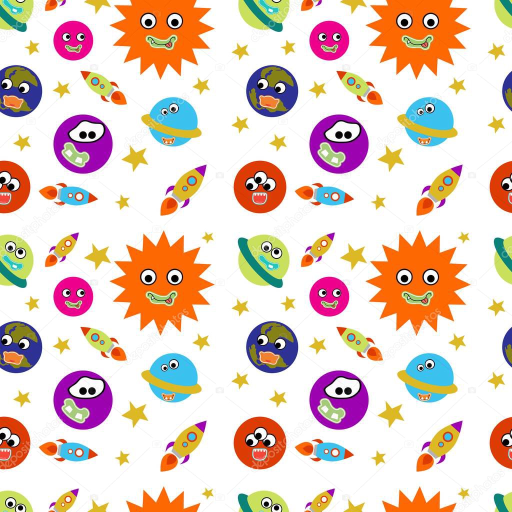 Sistema solar patrón sin costura. Planetas divertidos con caras ...