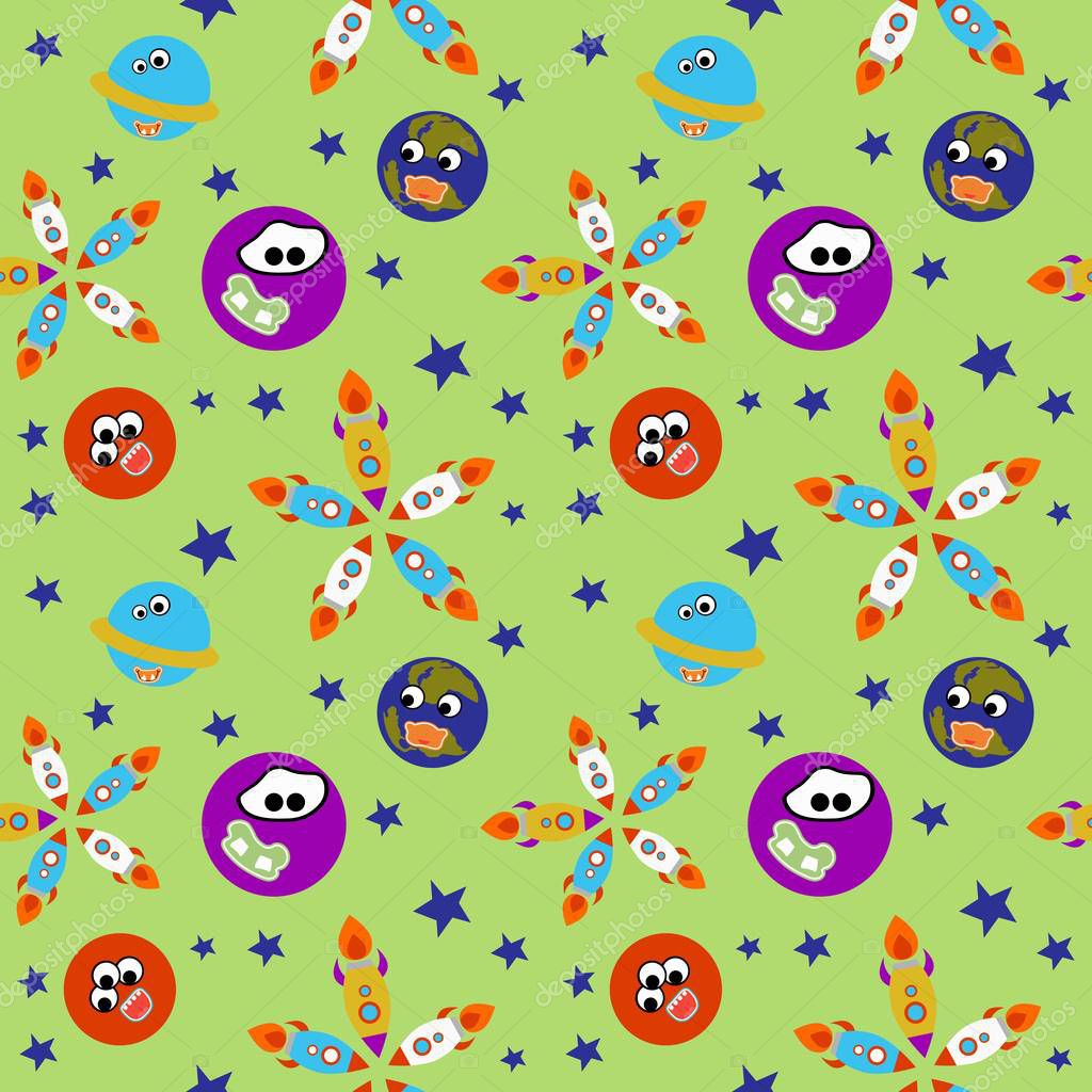 Sistema solar patrón sin costura. Planetas divertidos con caras ...
