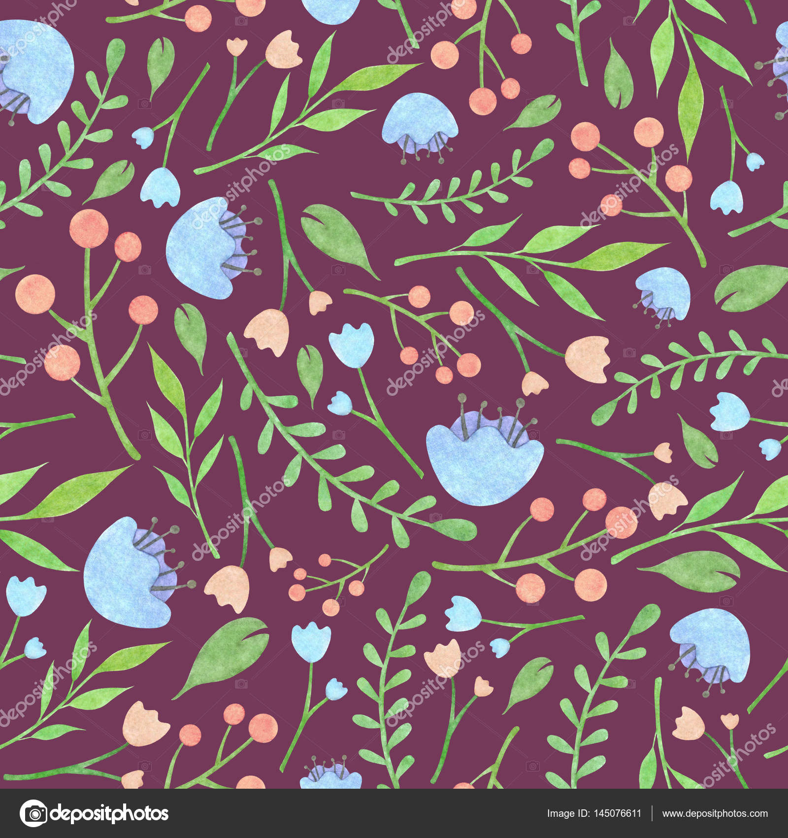 Watercolor floral pattern with flowers on deep purple background Stock ...