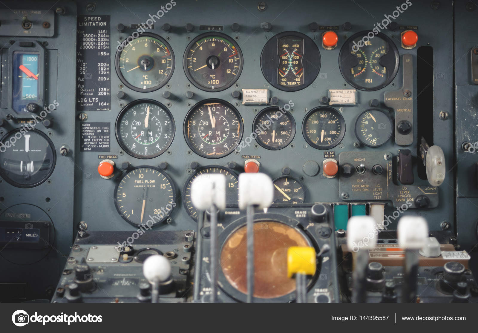 Airplane Cockpit Equipment with indicators, buttons, and instruments ...
