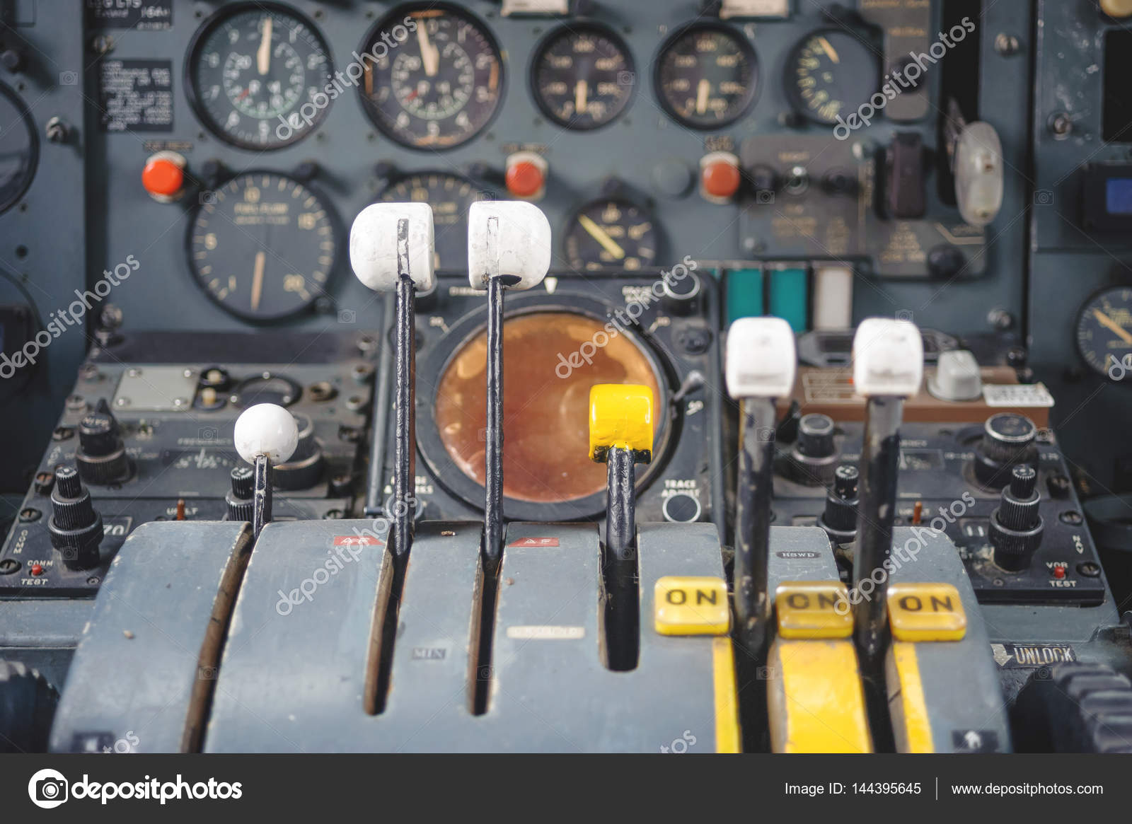 Airplane Cockpit Equipment with indicators, buttons, and instruments ...