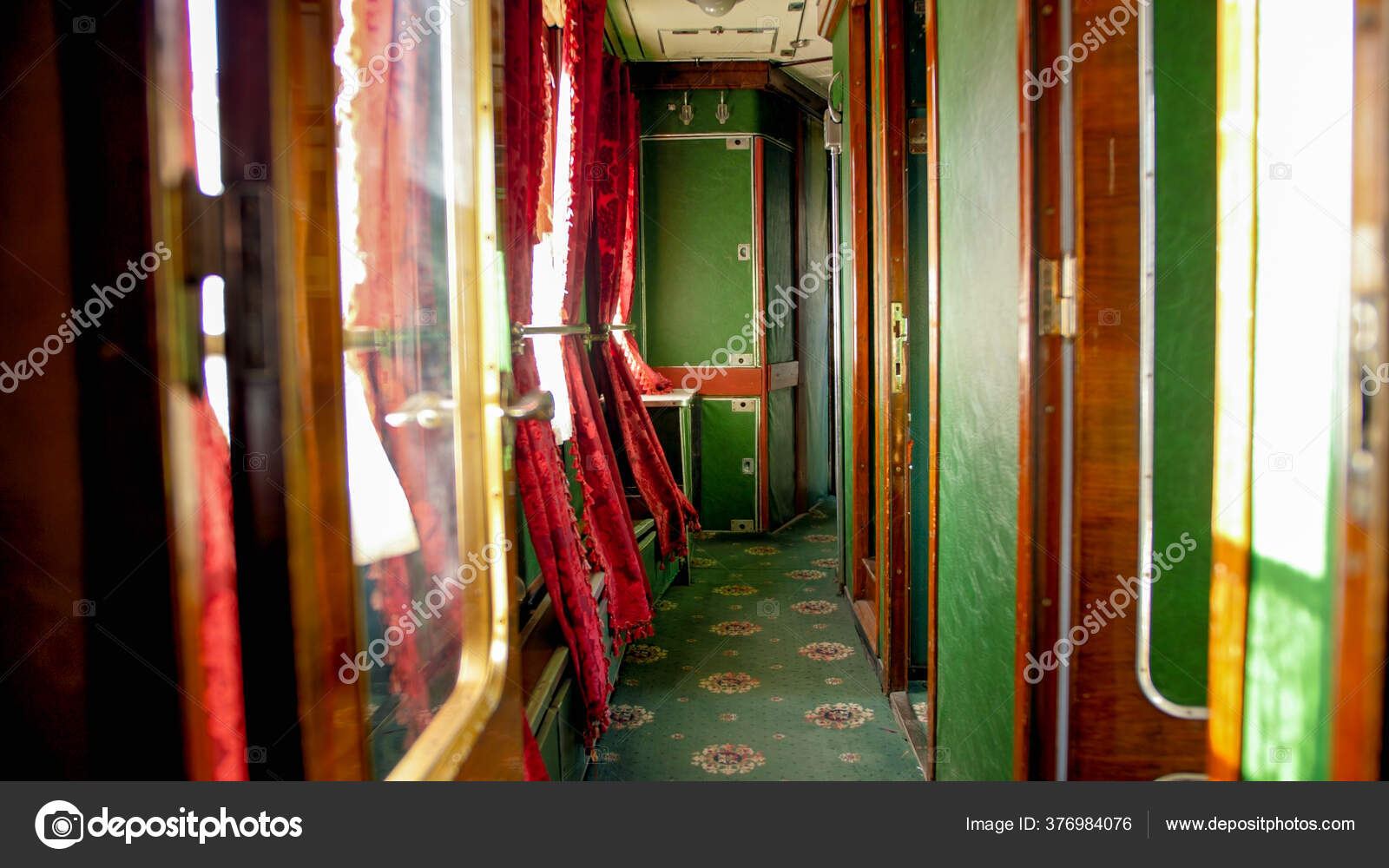 Interior of vintage express train with carpet and wooden doors Stock ...