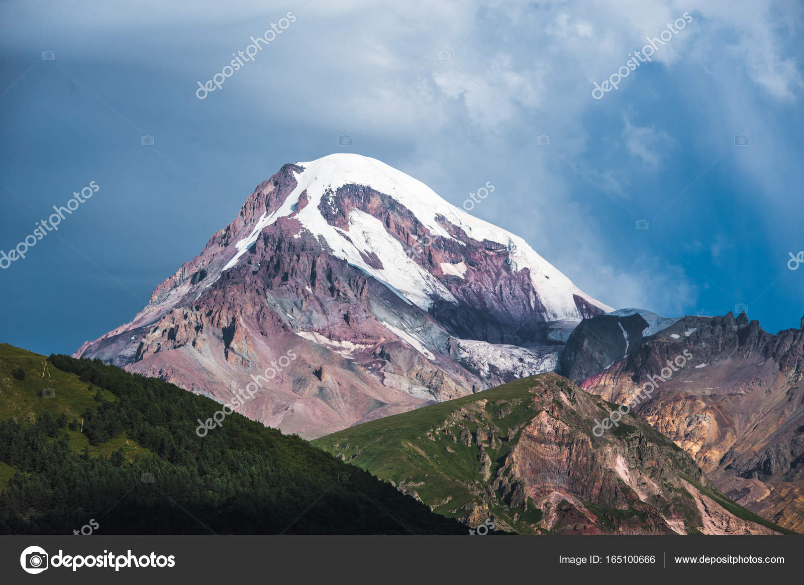 Mount Kazbek view from Stepantsminda town in Georgia in good wea ...