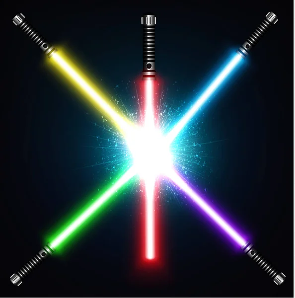 Red and blue crossed light neon swords with trembling blade fight ...