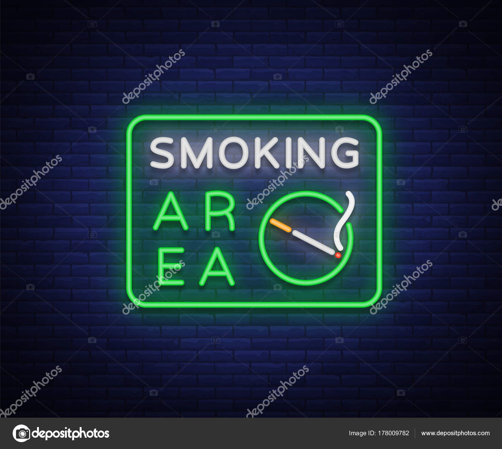 Smoking area is a vector neon sign. Neon symbol, a luminous sign is a ...
