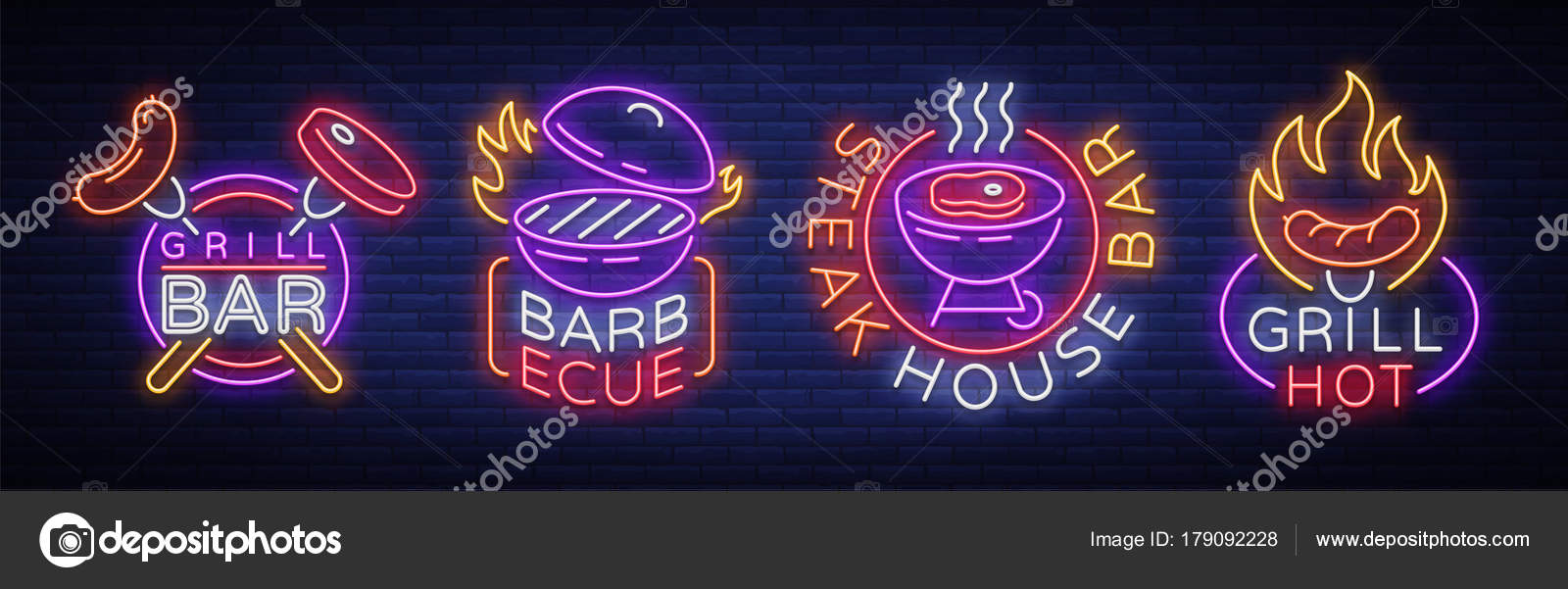 Grill is a set of neon-style logos. Vector illustration on the theme of ...