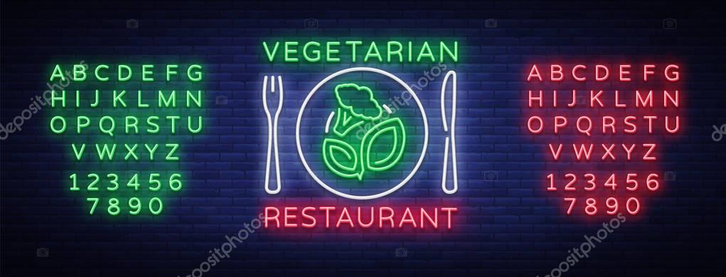 Logo del restaurante vegetariano. Signo de neón símbolo vegano, signo ...