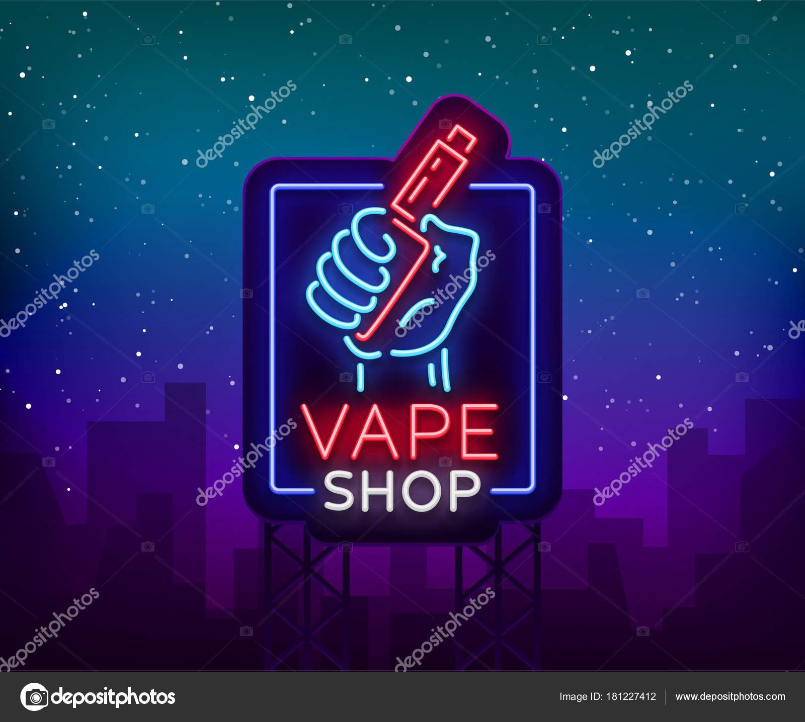 Vape shop neon sign, billboard. Vector illustration. Neon sign, a night ...
