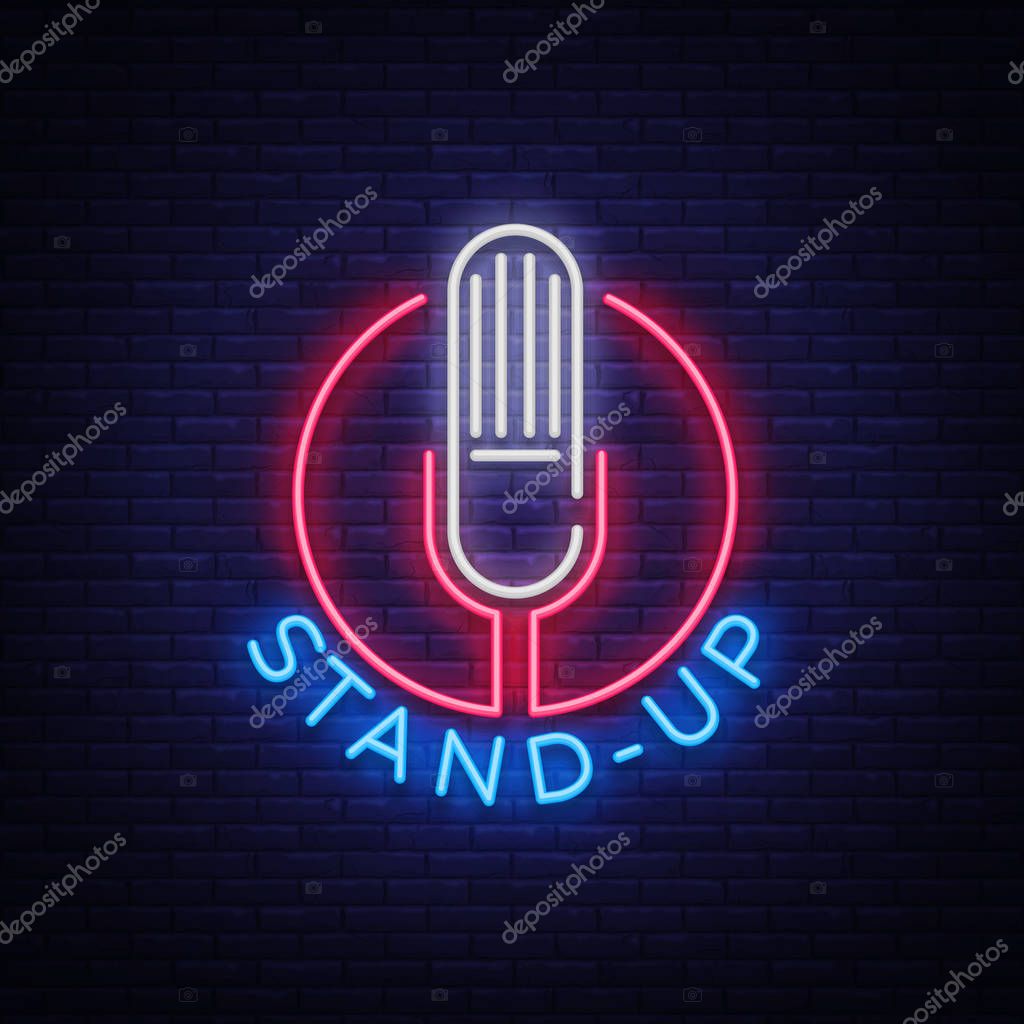 Stand Up Logo en estilo neón. El espectáculo de comedia es signo de neón, símbolo, una ...