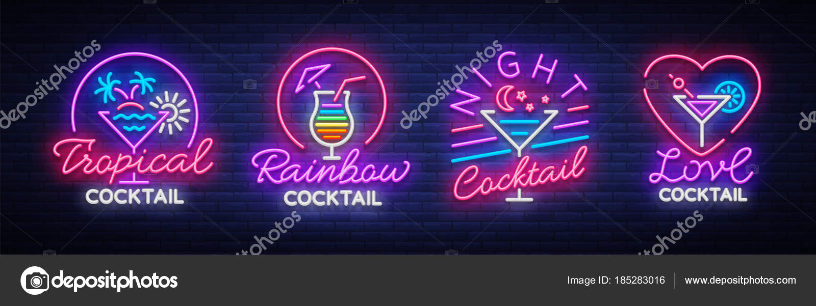 Cocktail collection logos in neon style. Collection of neon signs ...