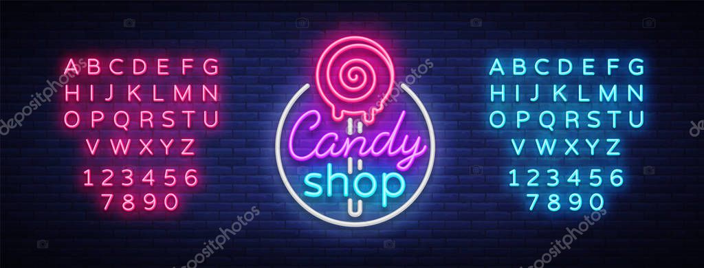 Logo de la tienda de dulces en estilo neón. Tienda dulces letrero de ...