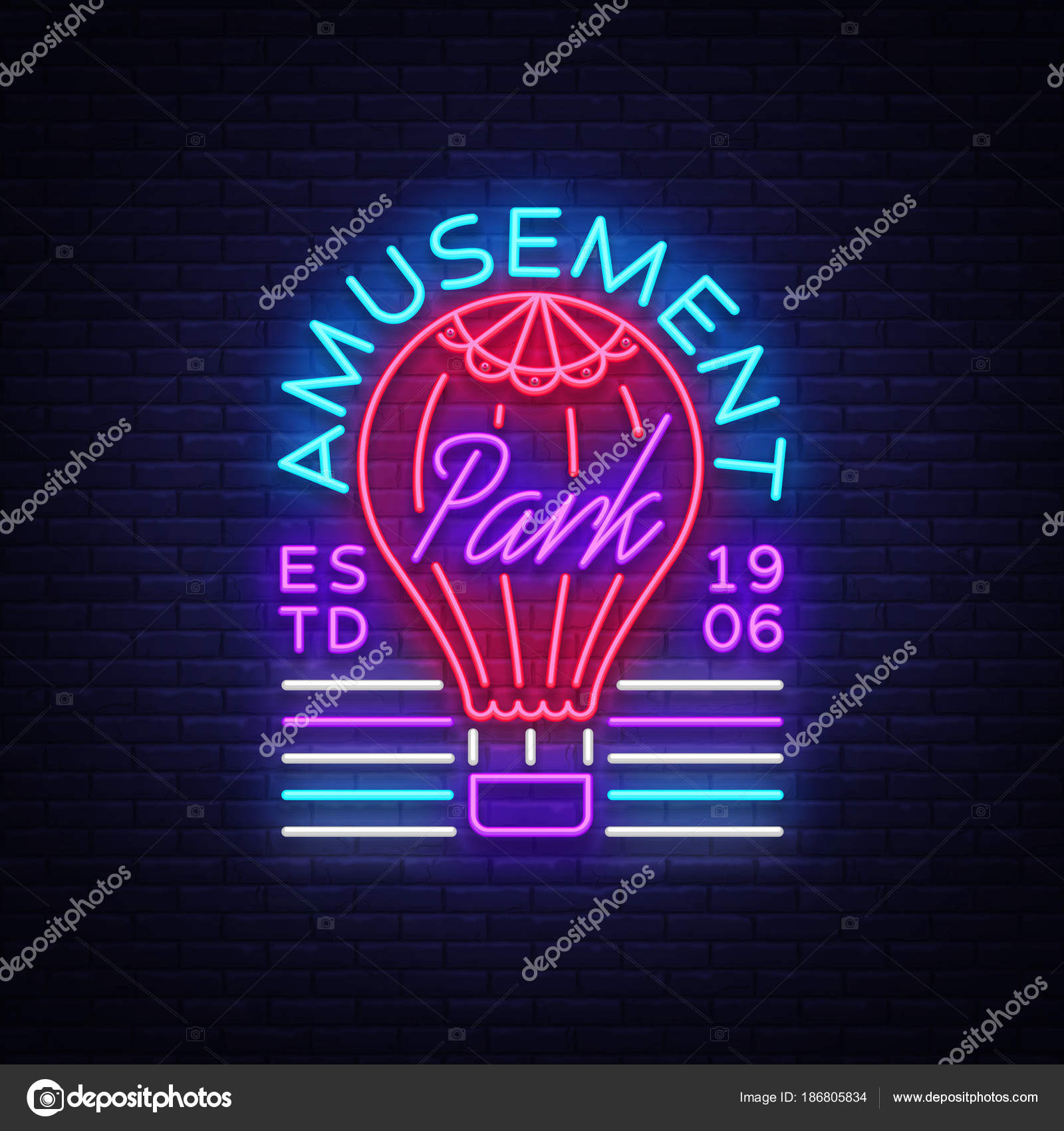 Amusement Park logo in neon style. Design template with a balloon. Neon ...