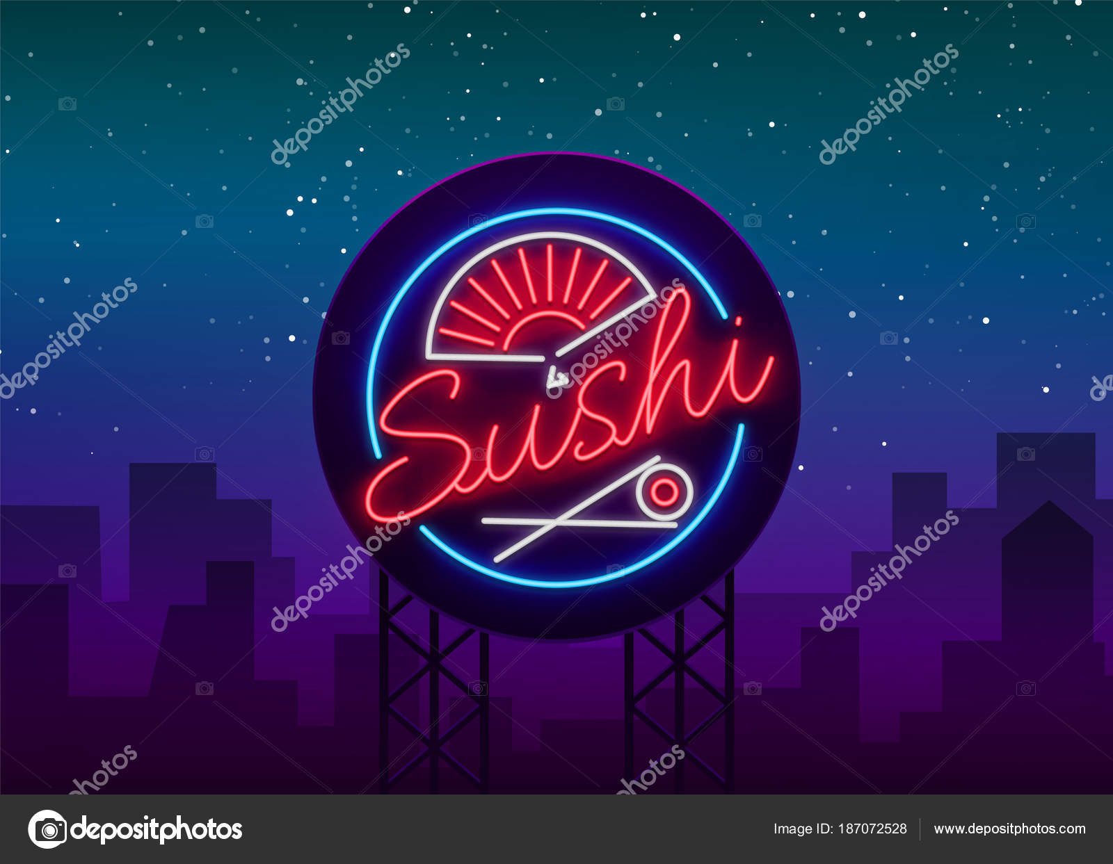 Sushi logo in neon style. Bright neon sign with text is isolated ...
