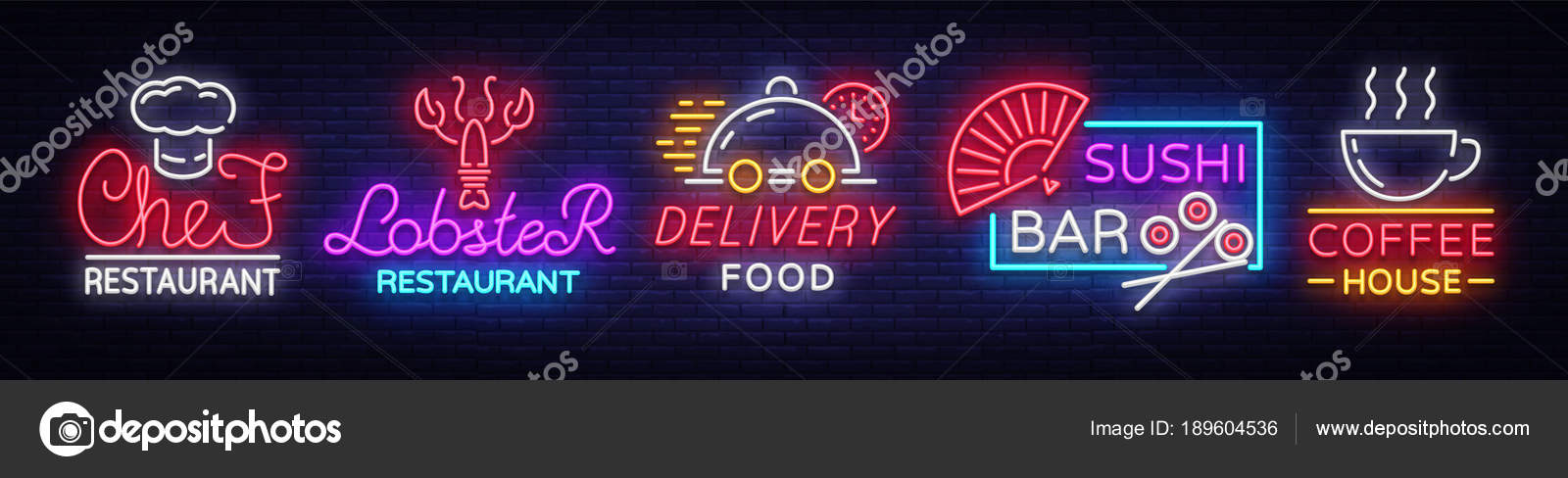 Food neon sign vector collection. Set neon logos, emblems, symbols ...