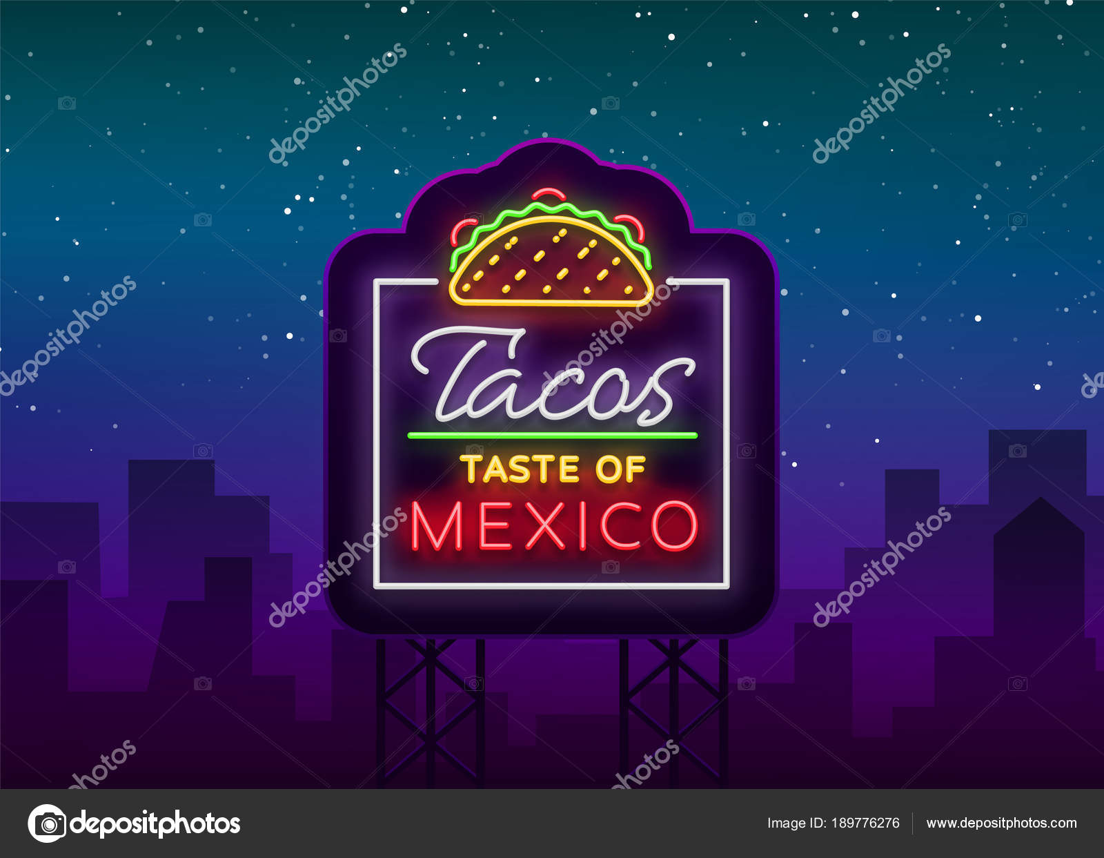 Taco logo vector. Neon sign on Mexican food, Tacos, street food, fast ...
