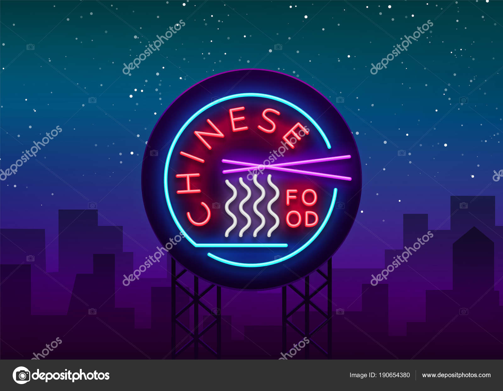 Chinese food logo. Neon sign, emblem, neon billboard, bright nightlight ...