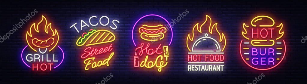 Burger restaurant signs | Set Fast Food Logos. Collection neon signs ...