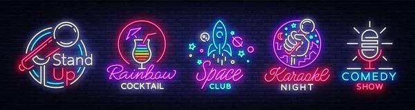 Nightlife collection neon signs. Design Template, Set logos in neon ...