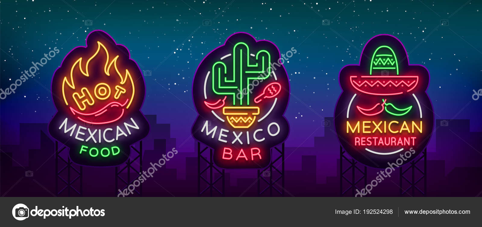 Mexican food is a collection of neon signs. Bright glow sign, neon ...
