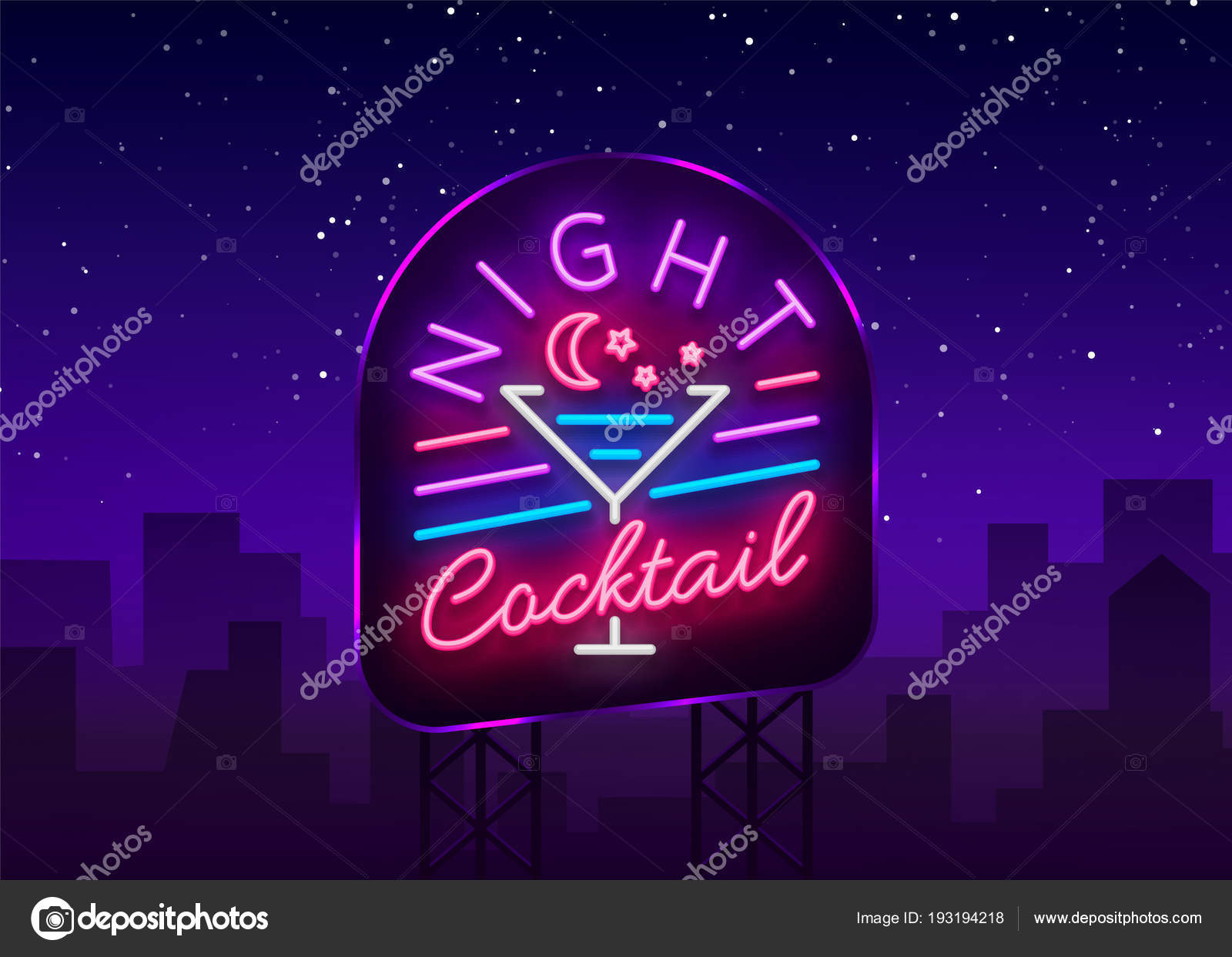 Night Cocktail is a neon sign. Cocktail Logo, Neon Style, Light Banner ...