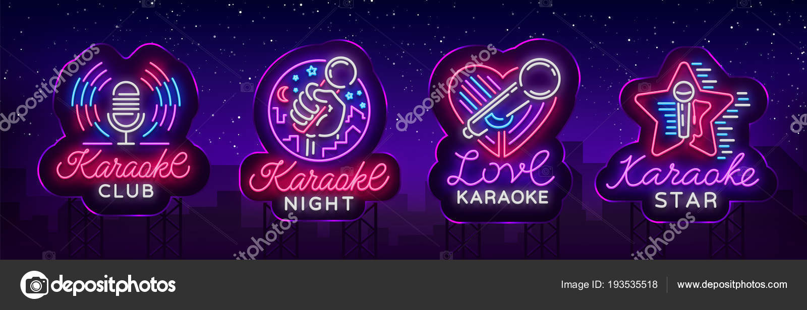 Karaoke set of neon signs. Collection is a light logo, a symbol, a ...