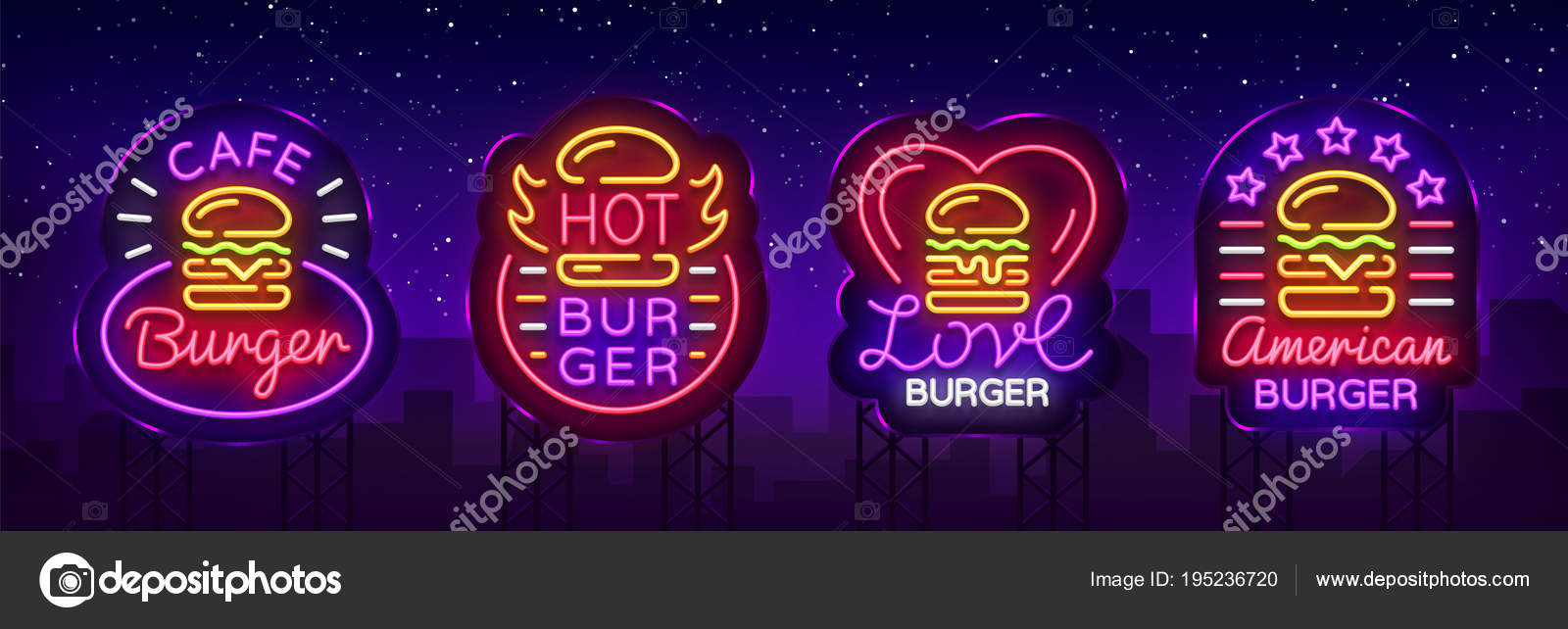 Burger Cafe set of neon signs. Fastfood burger sandwich collection ...