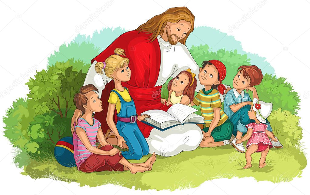 Jesús leyendo la Biblia con niños aislados en blanco. Dibujos animados ...