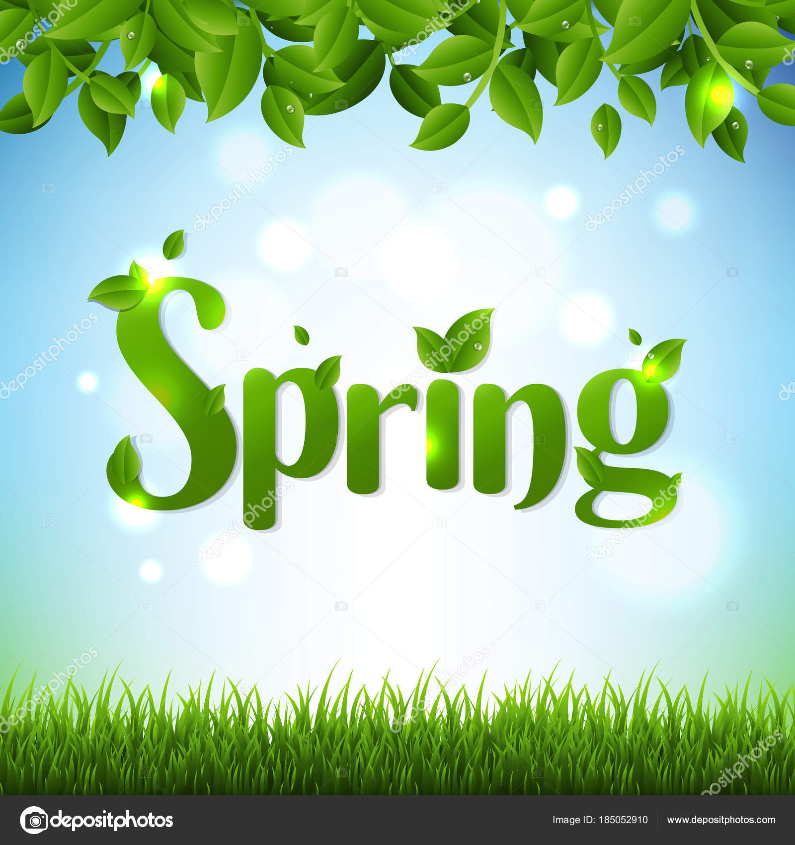 Lettering Spring Green Leaves Grass Blue Background Lights Stock Vector ...