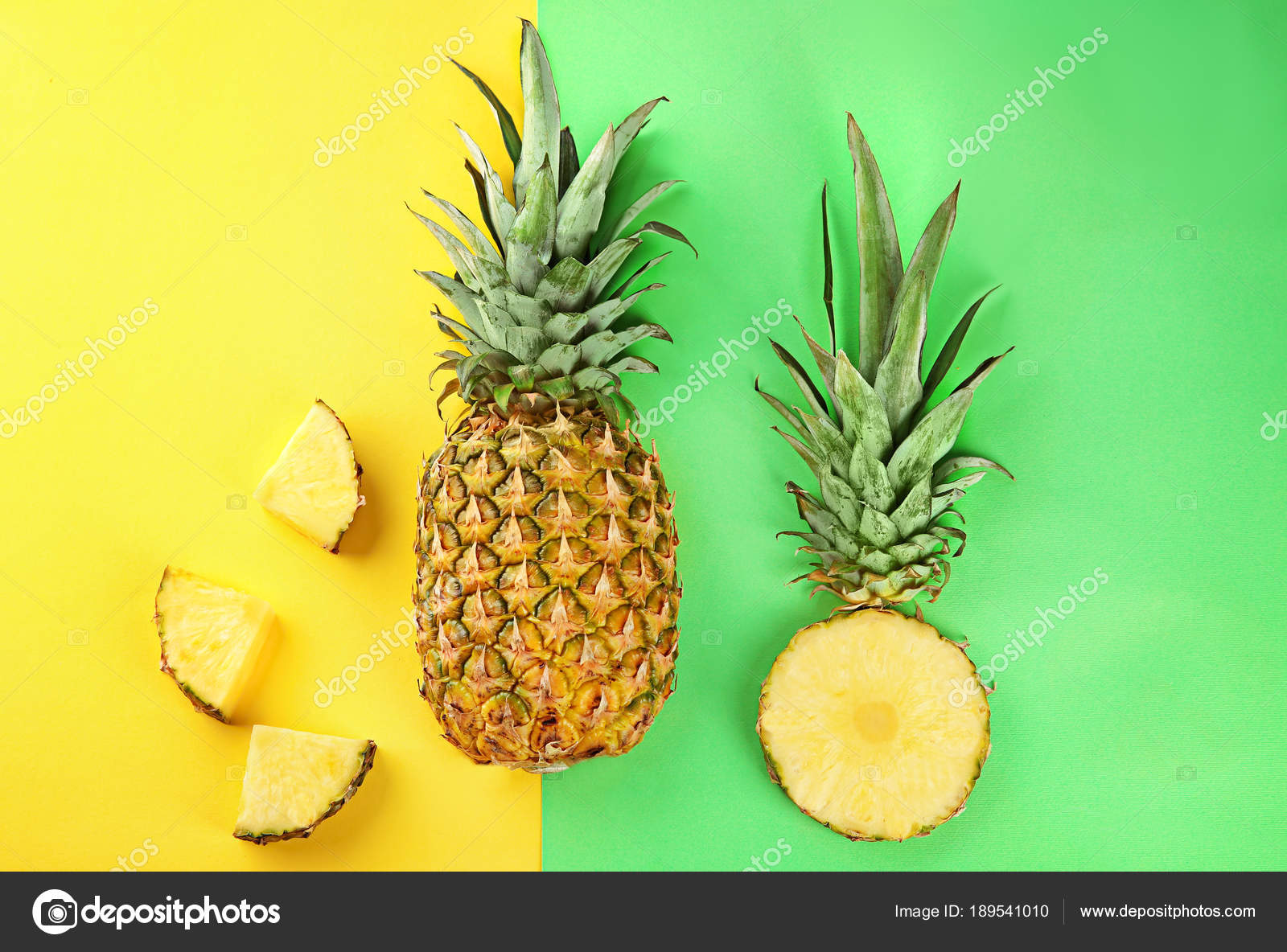 Whole and sliced fresh pineapples on color background Stock Photo by ...