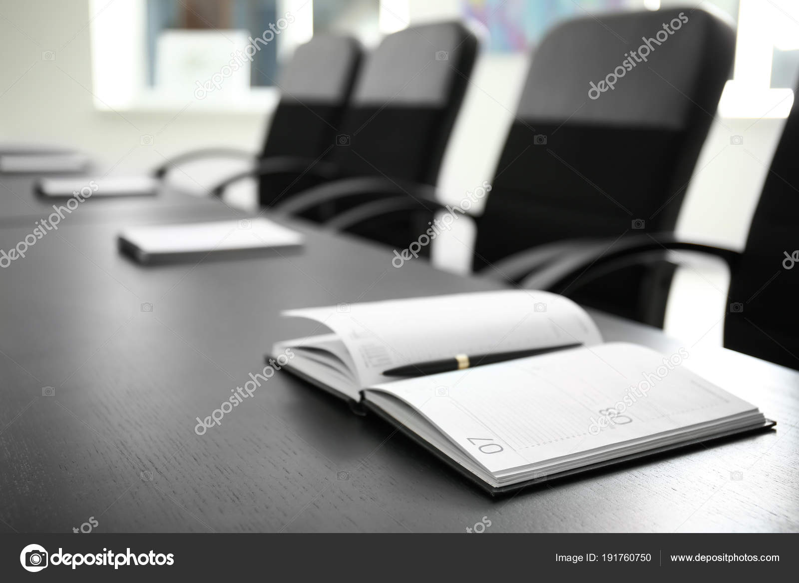 Notebook on table indoors. Business meeting in conference hall — Stock ...