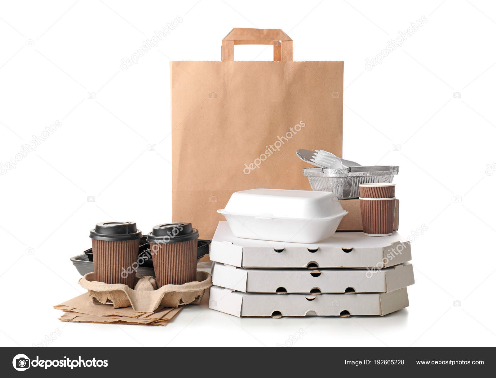 Different types of packages on white background. Food delivery service ...