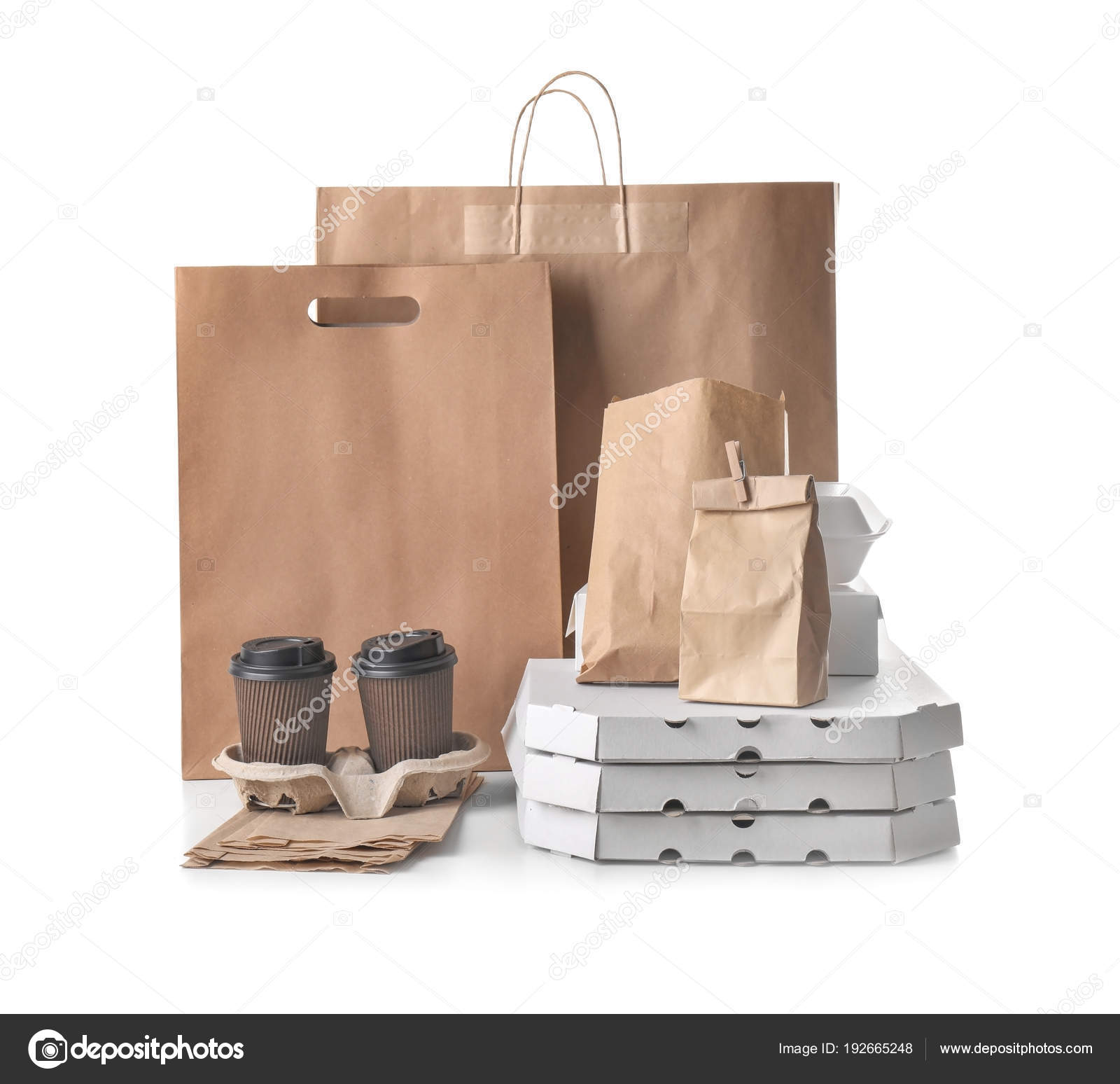 Different types of packages on white background. Food delivery service ...