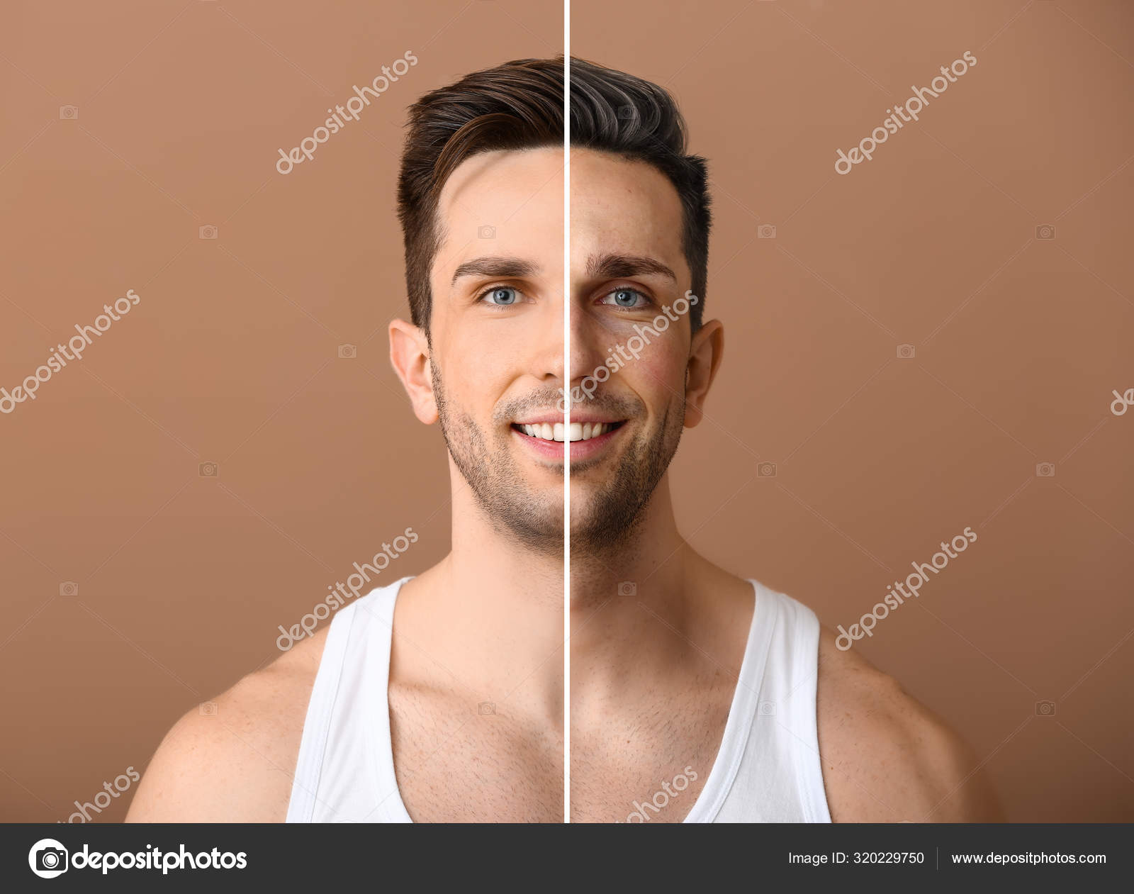 Comparison portrait of man on color background. Process of aging Stock ...