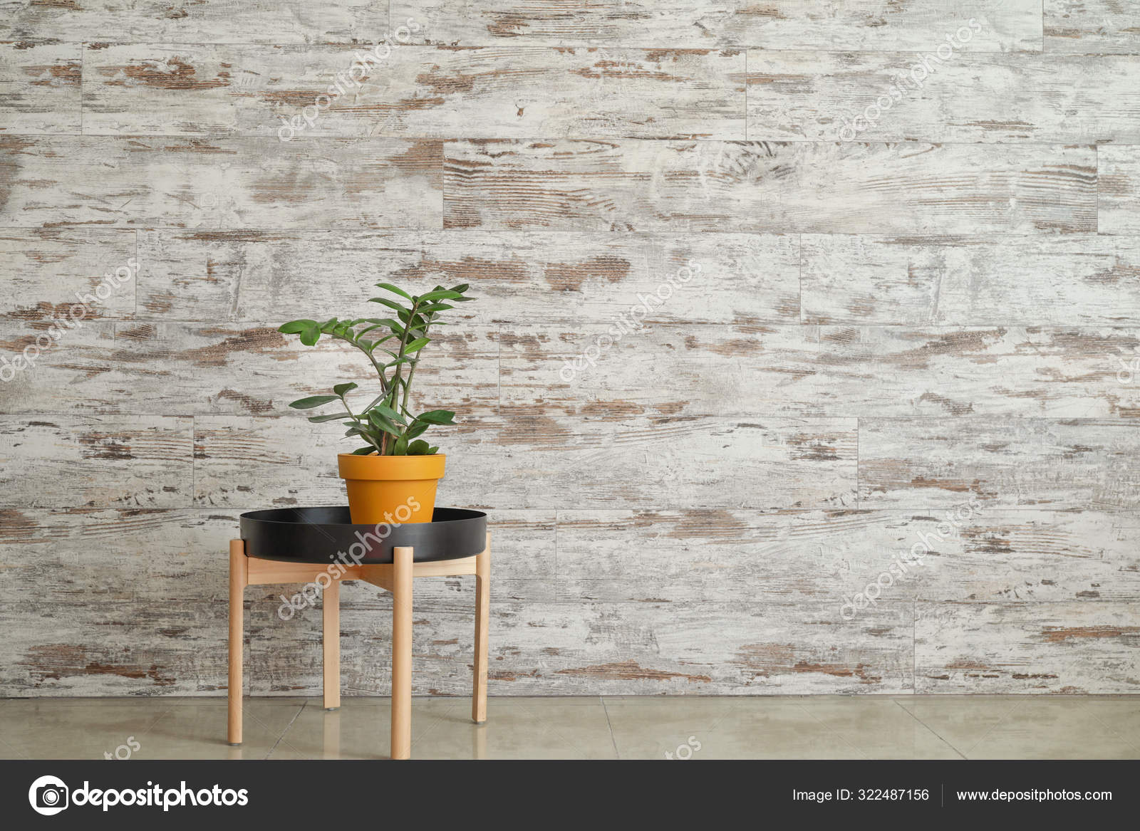 Stylish table with plant in pot near wooden wall in room Stock Photo by ...
