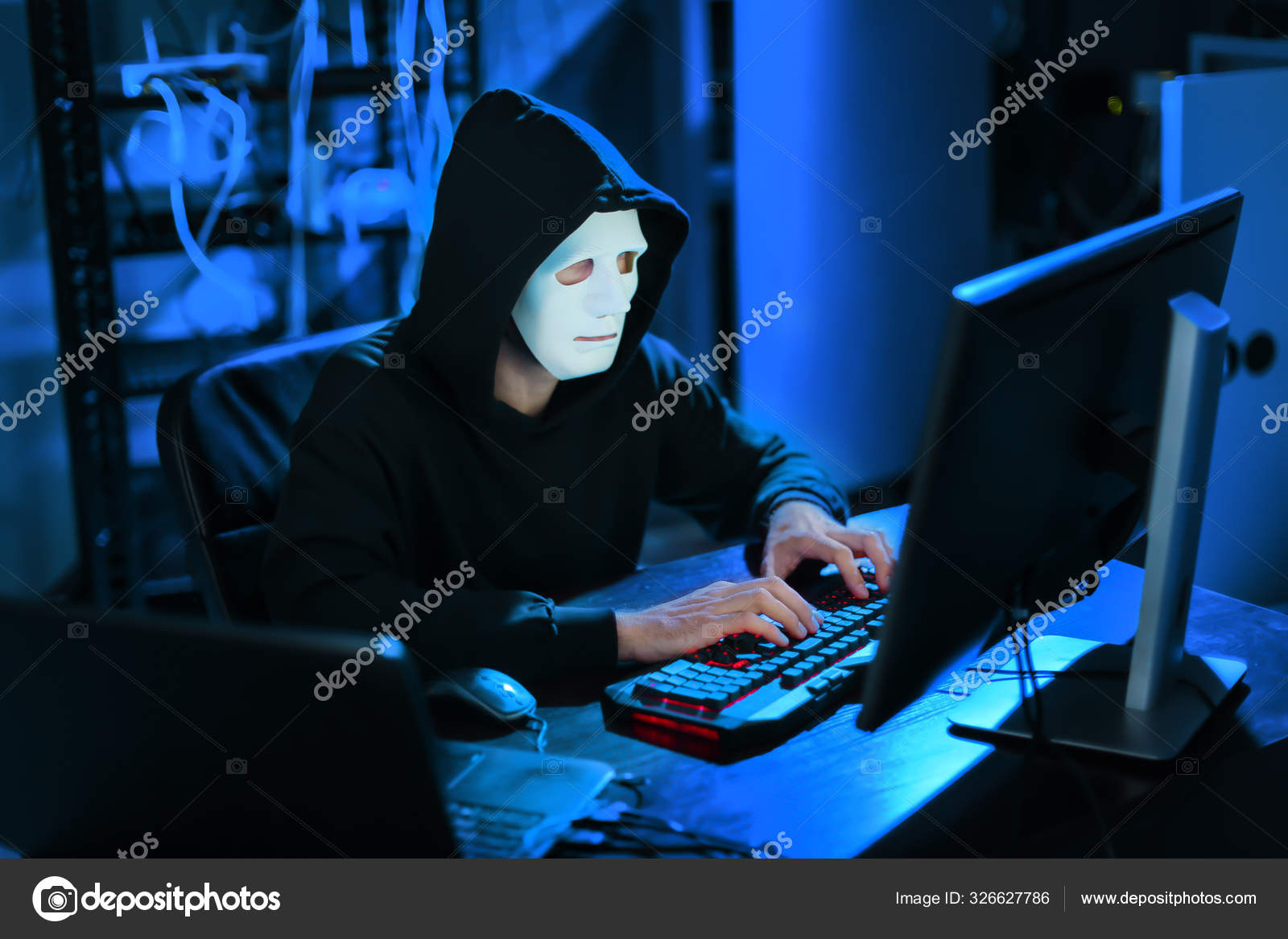Professional hacker using computer in dark room — Stock Photo ...