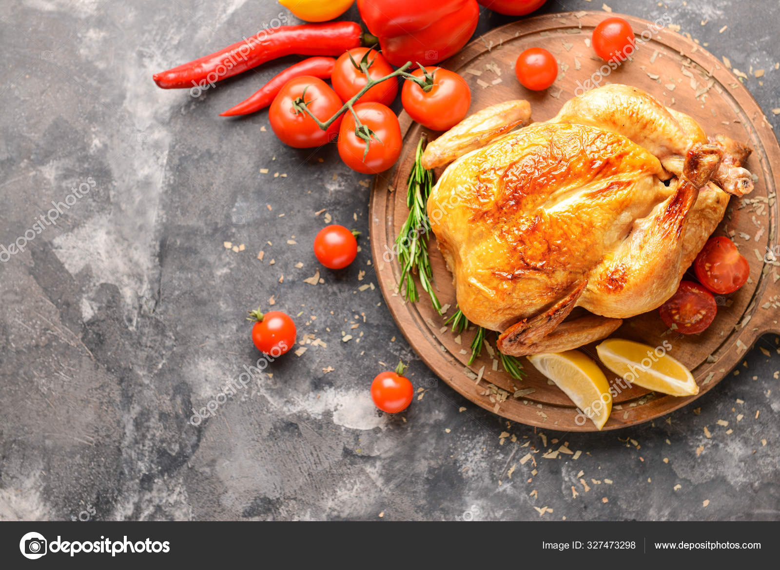 Board with baked chicken on grey background Stock Photo by ©serezniy ...