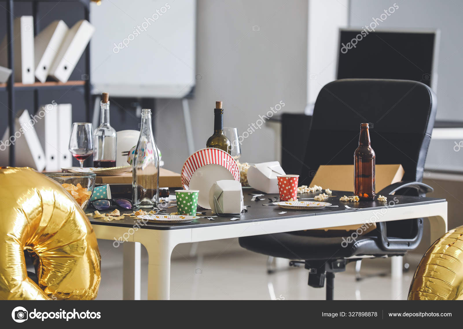 Table with terrible mess in office after New Year party — Stock Photo ...