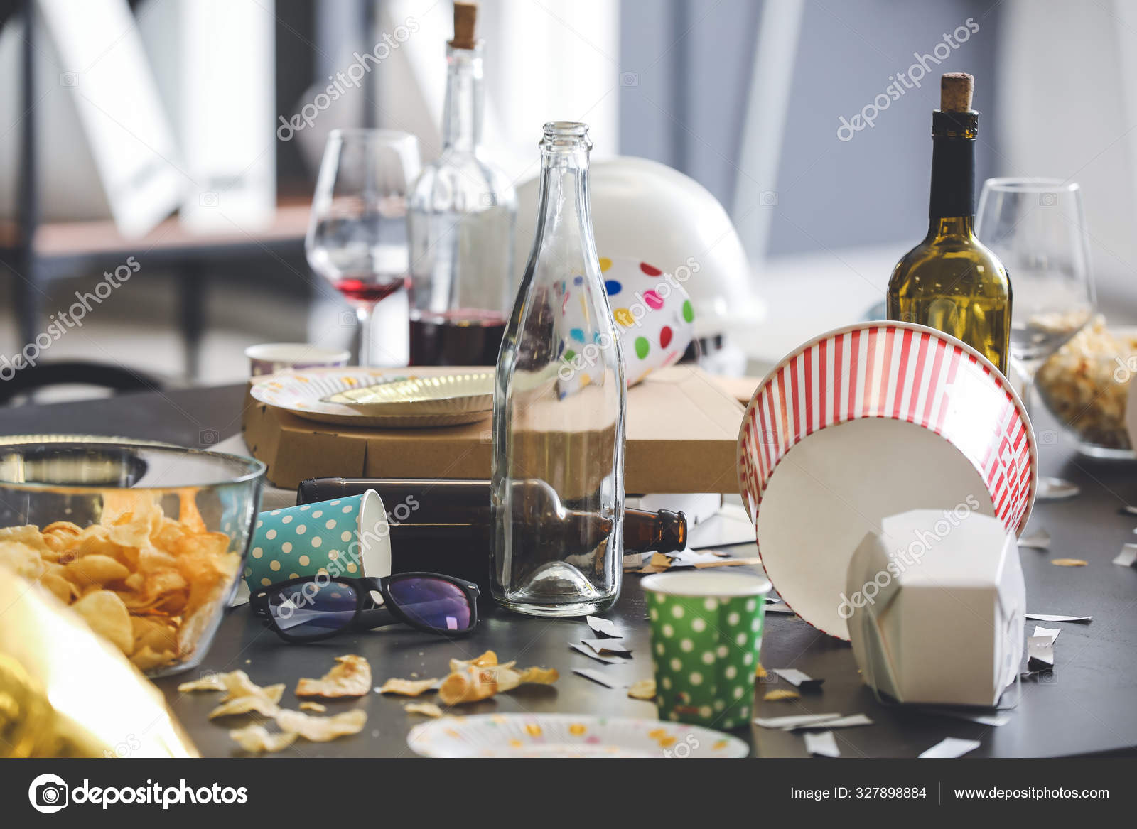 Table with terrible mess in office after New Year party Stock Photo by ...