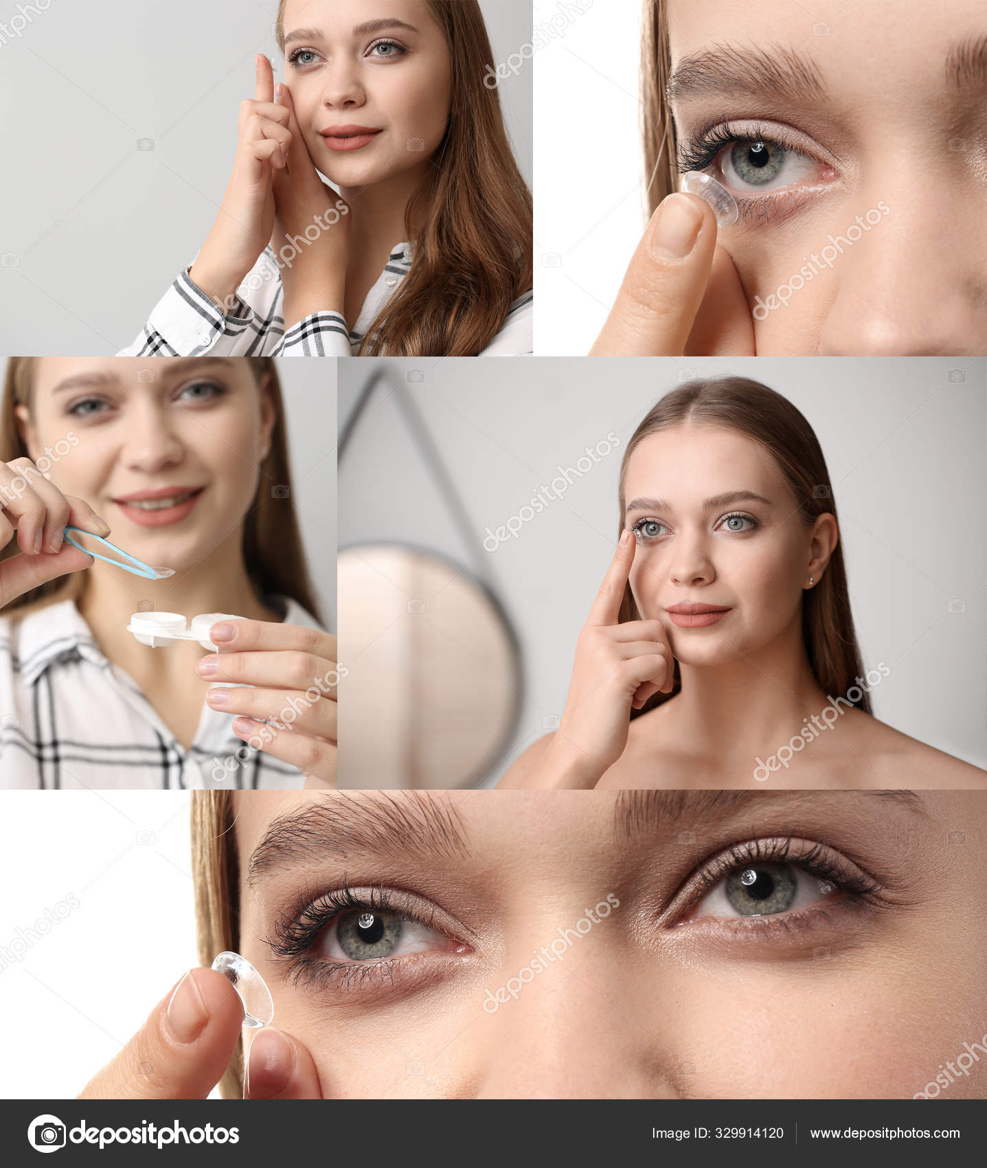 Collage of photos with young woman putting in contact lens — Stock ...