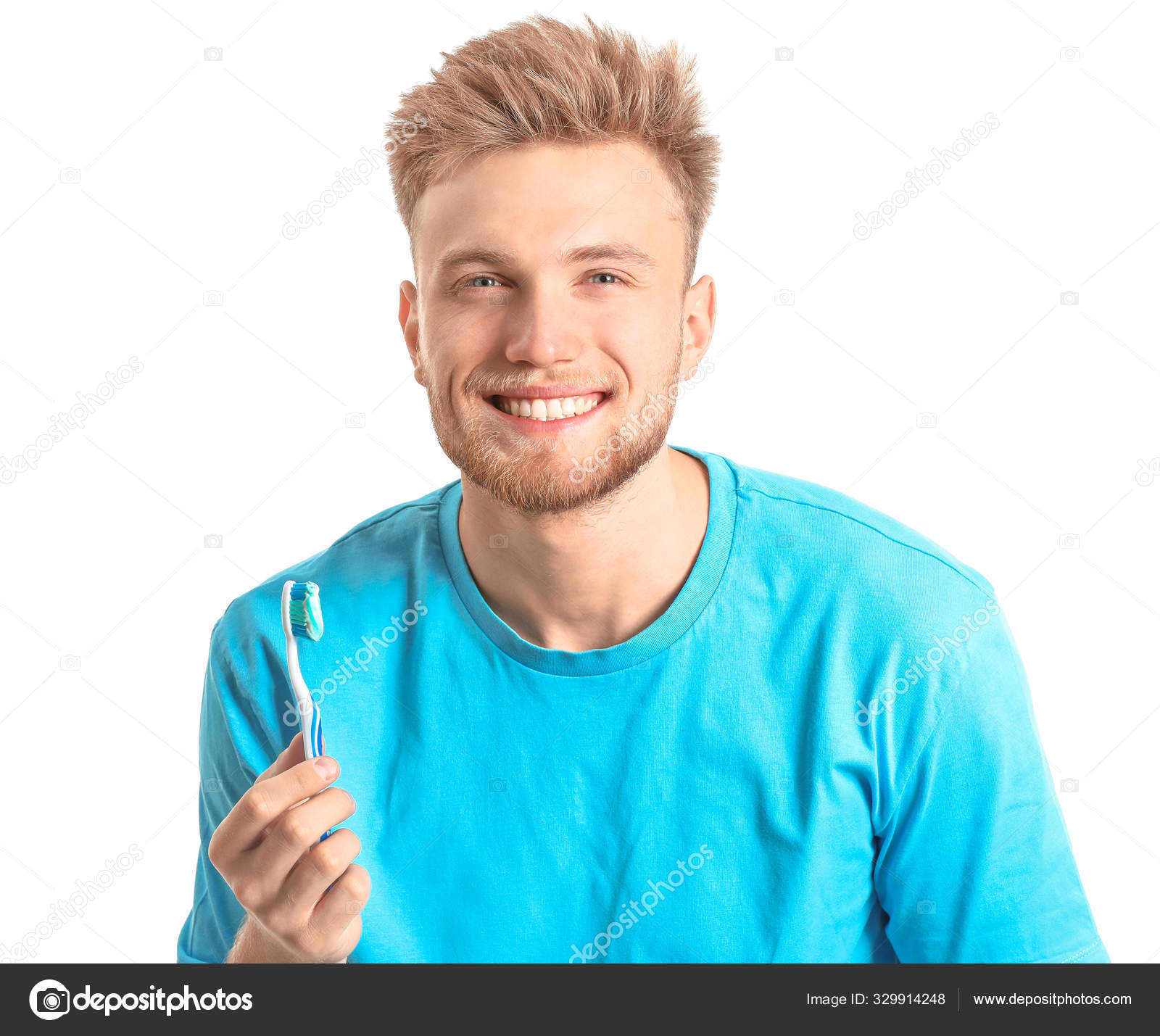 Young man with toothbrush on white background — Stock Photo © serezniy ...