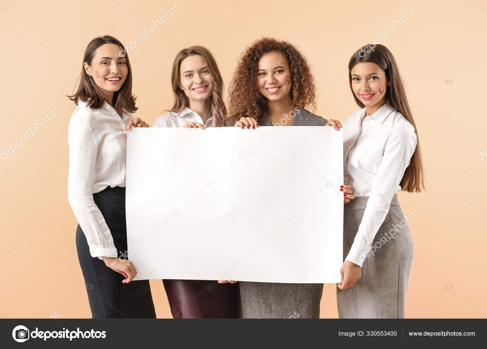 Young women with blank poster on color background. Concept of feminism ...