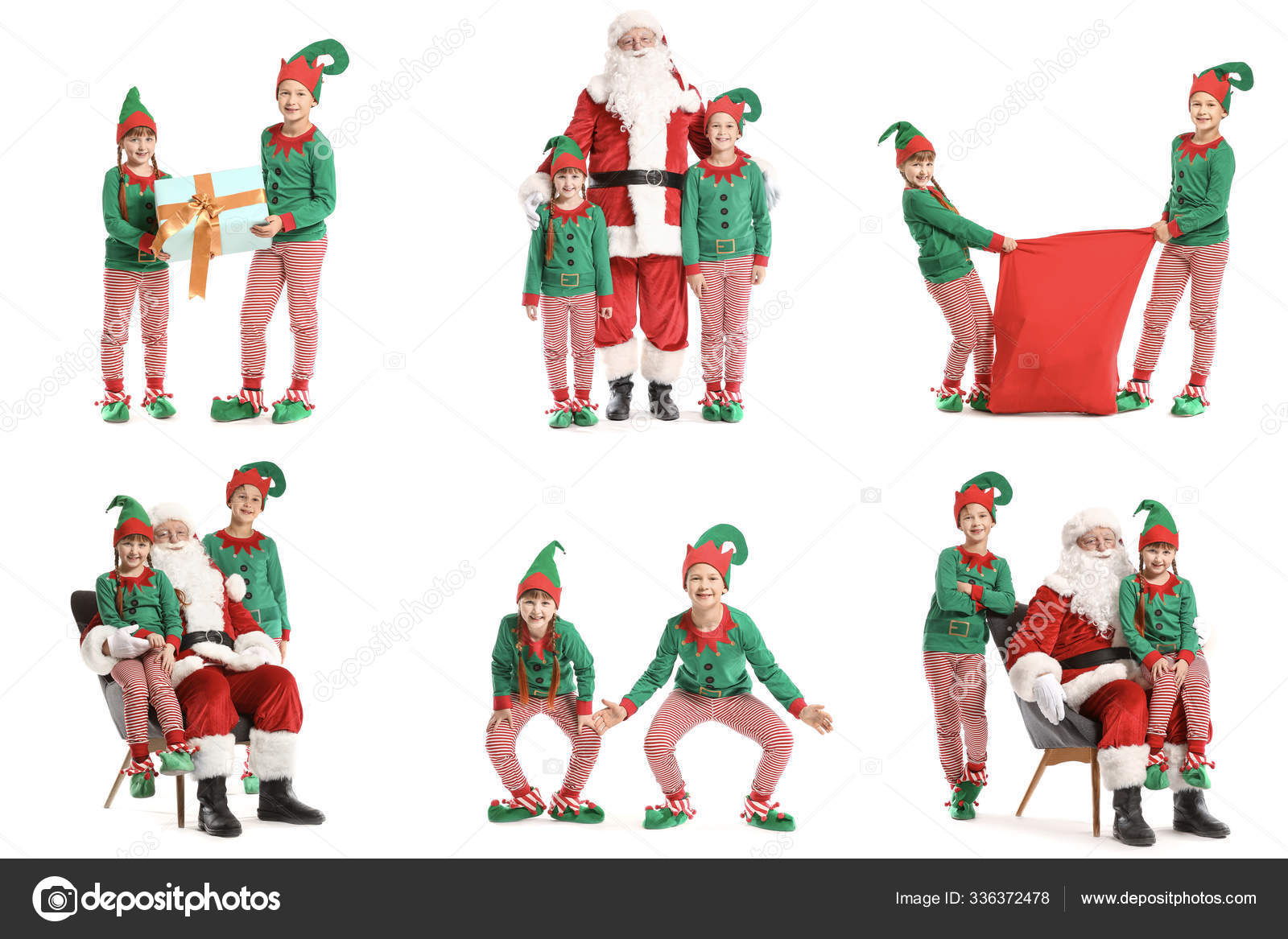 Collage with Santa Claus and little elf kids on white background Stock ...