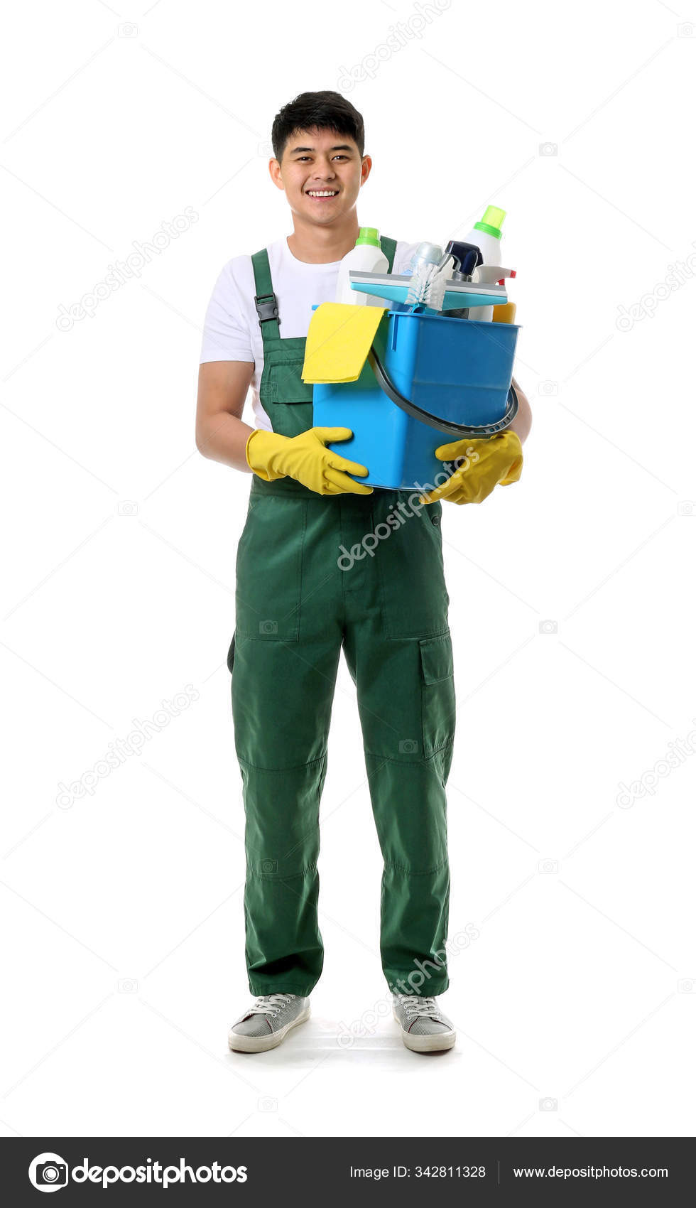 Asian janitor with cleaning supplies on white background Stock Photo by ...