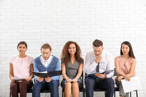 Group People Waiting Job Interview Yellow Wall Background — Stock Photo ...