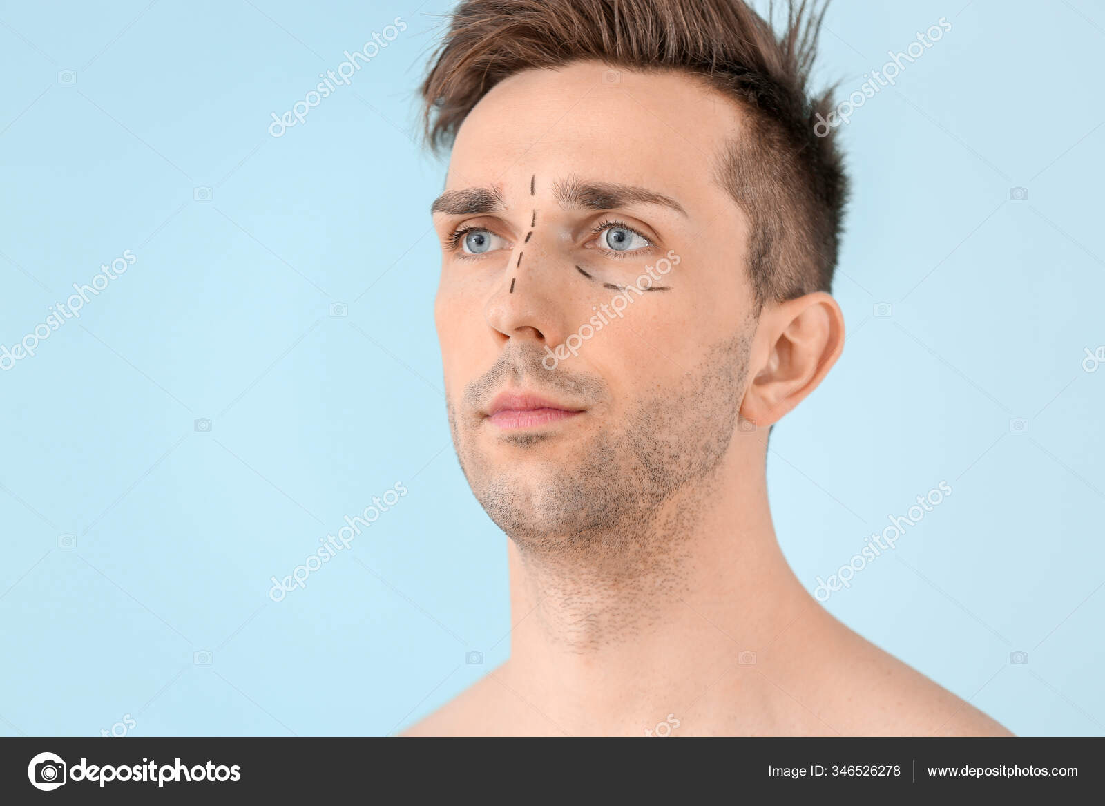 Young Man Marks His Face Color Background Concept Plastic Surgery Stock ...