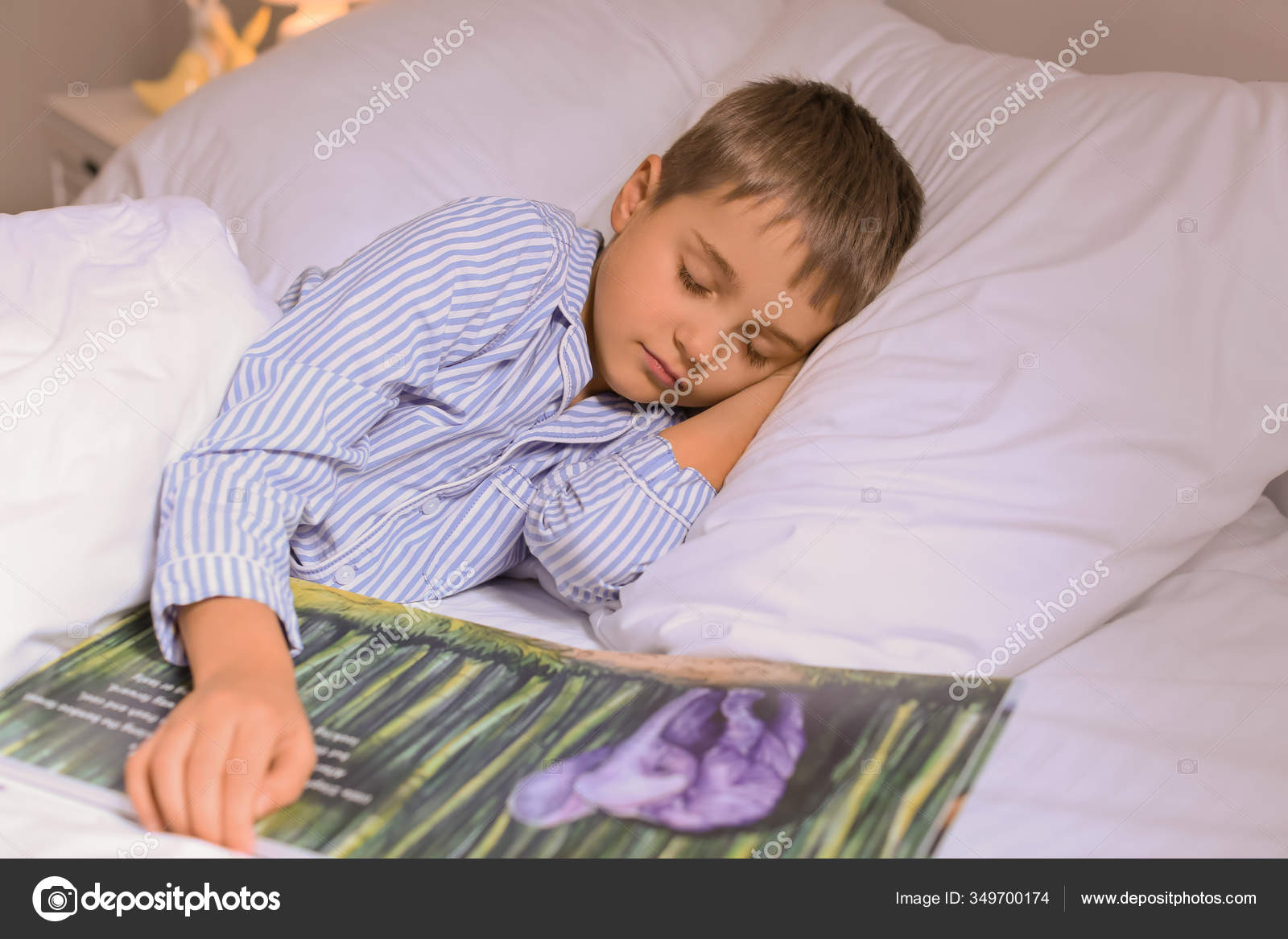 Cute Little Boy Sleeping Bed Night — Stock Photo © serezniy #349700174