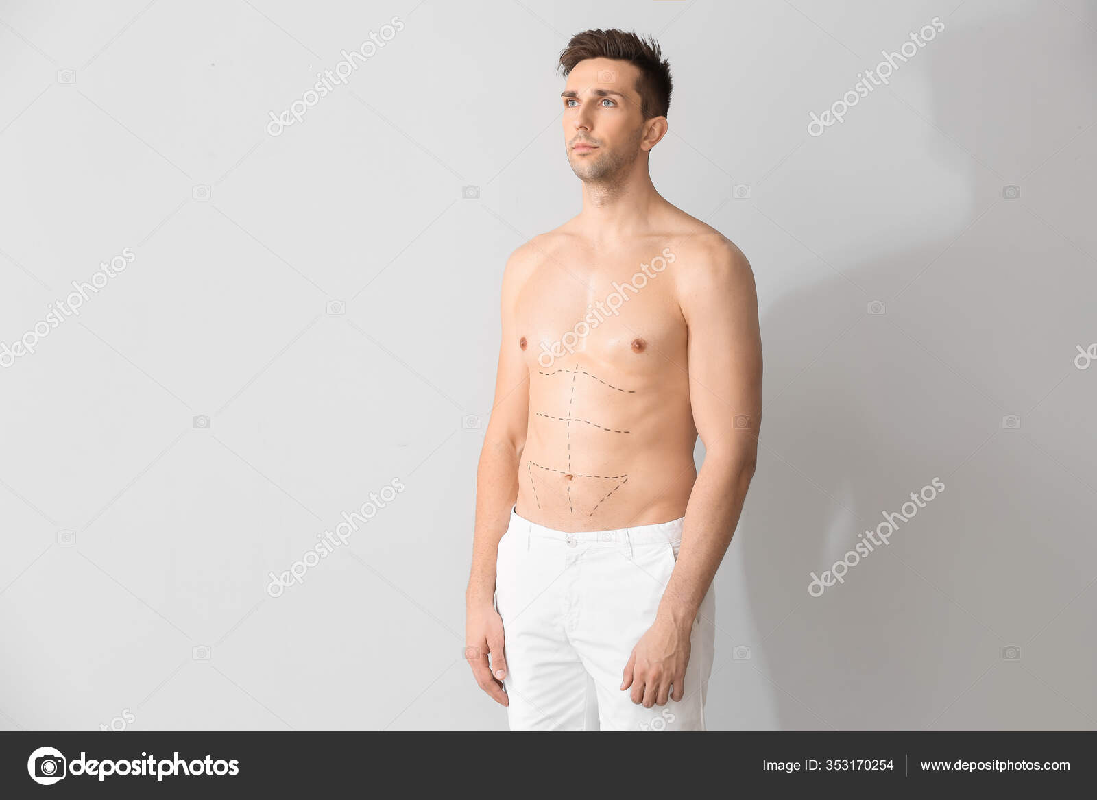 Young Man Marks His Body Light Background Concept Plastic Surgery Stock ...