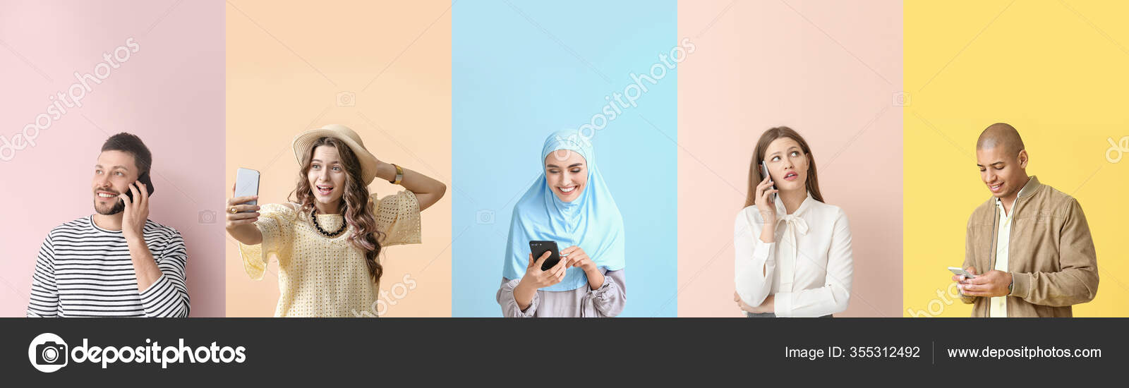 Collage Photos Different People Using Mobile Phones — Stock Photo ...