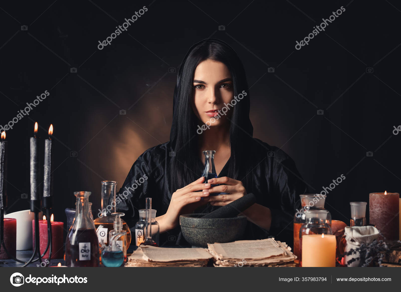 Female Alchemist Making Potion Dark Background Stock Photo by ©serezniy ...